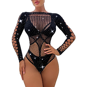 Milumia Women's Fishnet Rhinestone Bodysuit Top Cut Out Sexy Mesh Teddy Bodysuit