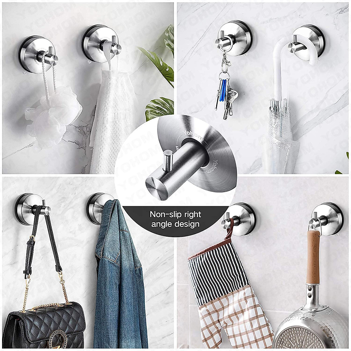 YOHOM 2Pcs SUS 304 Stainless Steel Vacuum Suction Cup Hooks Shower Holder - Removable Bathroom Shower Hook Suction Towel Rack and Kitchen Organizer for Towel Hook, Bathrobe and Loofah,Brushed Finish
