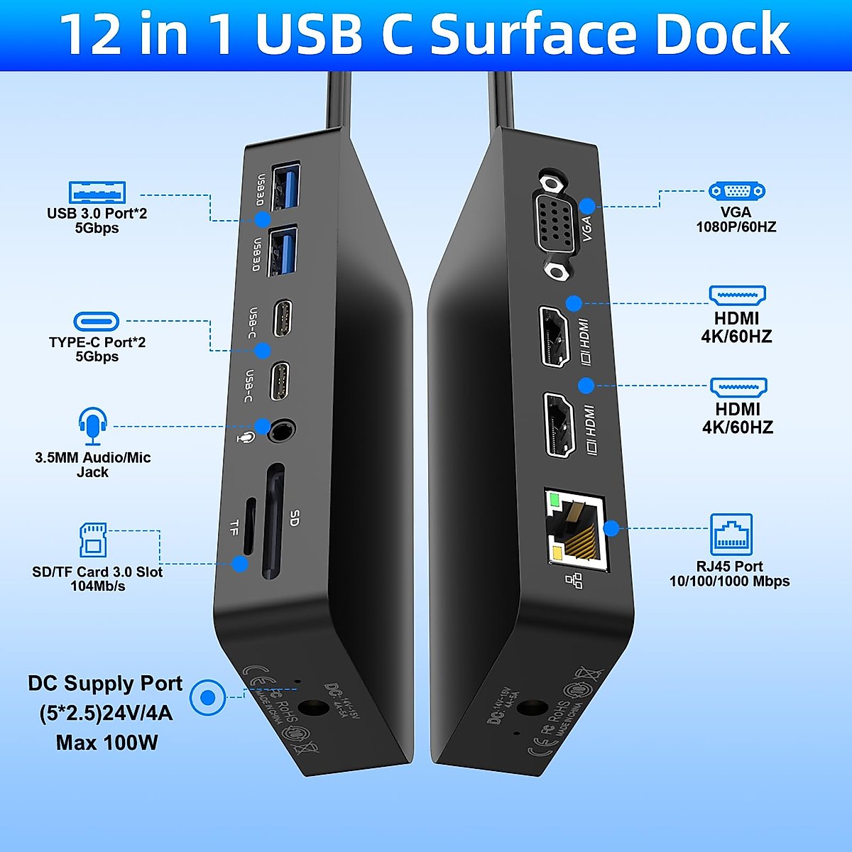 12 in 1 Surface Dock USB C with 100W Power Supply - 2 Year Warranty - Surface Pro Docking Station with Dual 4K HDMI+VGA for Surface Pro 11/10/9/8/X/7+/7,Surface Laptop, Surface Go