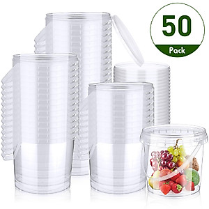Mifoci 50 Pcs 32oz Food Clear Bucket Plastic Gallon Bucket Round Reusable Ice Cream Containers with Lids and Handles Airtight Clear Plastic Tub Freezer Reusable Pail for Kitchen Drinks Home(32oz)