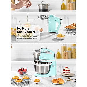 2 in 1 Hand Mixers Kitchen Electric Stand mixer with bowl 3 Quart, electric mixer handheld for Everyday Use, Dough Hooks & Mixer Beaters for Frosting, Meringues & More (Aqua)