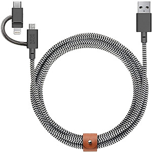 Native Union Belt Cable Universal - 6.5ft Ultra-Strong Reinforced [MFi Certified] Durable Charging Cable with 3-in-1 Adaptor for Lightning, USB-C and Micro-USB Devices (Zebra)