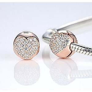 Pink Cherry Blossom CZ Clip 925 Sterling Silver Bead love heart Charm Clip Charm Lock Stopper Charm Spacer Charm for Pandora Charms Bracelet (Rose Gold Love Charms)