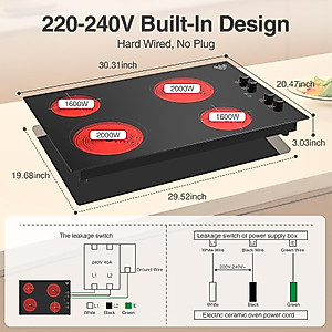 GIHETKUT Electric Cooktop, Hot Plate Electric Control by Knob, Built-in 4 Burners Electric Stove Top with 9 Power Levels, Child Safety Lock & 99mins Timer, 220-240V, 7200W
