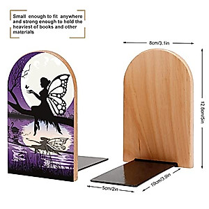 Book Ends Cute Fairy and Moon Bookends for Shelves to Hold Books Heavy Duty Non-Slip Book Stoppers Wood Decorative Home Office