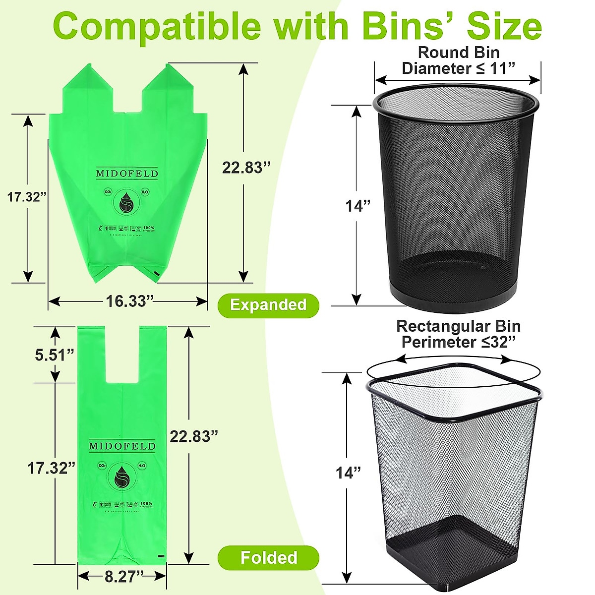 MIDOFELD 2.6 Gallon Compostable Bags, Biodegradable Small Trash Bags 100 Count Waste Basket Liner for Food Scrap, 0.8 mil Extra Thick Garbage Bag for Kitchen Countertop Bin, T-Shirt Bag BPI Certified