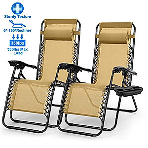 iMounTEK Set of 2 Adjustable Zero-Gravity Reclining Outdoor Lounge Chairs w/Pillows & Cup Holder Side Tray, Supports 330lbs, for Patio, Porch, Deck, Poolside, Beach, Lawn, Yard - Black/Blue/Brown/Tan