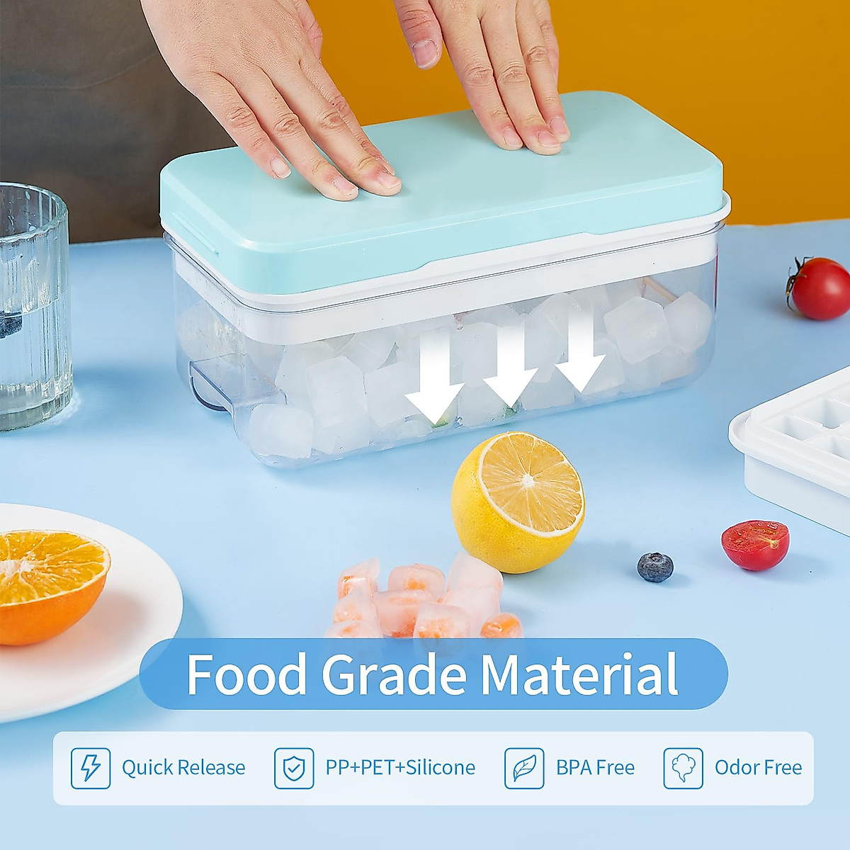 forcozyvie Ice Cube Tray with Lid and Bin,64Pcs Silicone Ice Cube Mold,Large Ice Cube Maker for Freezer, Easy Release Stackable 2 Ice Trays w/Tongs and Scoop for Whiskey Cocktail Coffee Tea Baby Food