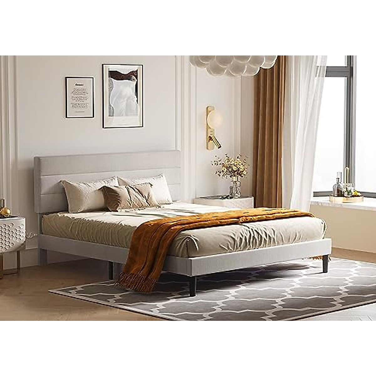 BONSOIR Queen Size Beige Color Modern Low Profile Upholstered Bed Frame with Tufted Headboard