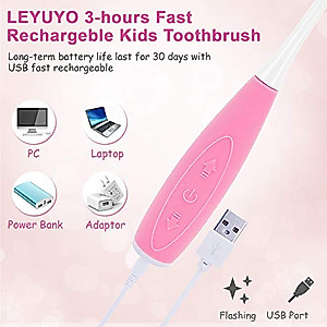 LEYUYO Electric Toothbrush Kids Sonic Cleaning 31000 Strokes Rechargeable Tooth Brush with Timer, 2 Bristles, 3 Modes, Pink