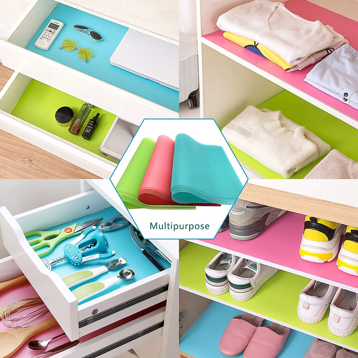 OBSCYON 12 Pack Refrigerator Mats, Refrigerator Liners Washable Fridge Mats Shelves Drawer Table Placemats 29*45cm (4 Green, 4 Pink, 4 Blue)