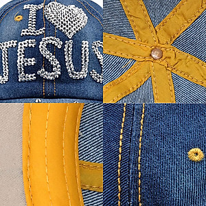 Elonmo Bling Rhinestone Hats,I Love Jesus Design Womens Baseball Cap Golf Hat Jeans Wash Denim Adjustable (Color A)