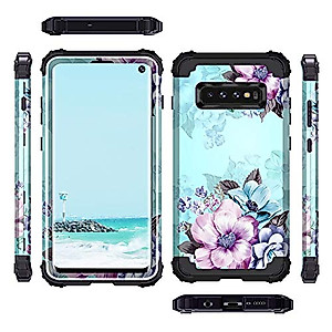 Casetego Compatible with Galaxy S10 Case,Floral Three Layer Heavy Duty Hybrid Sturdy Shockproof Full Body Protective Cover Case for Samsung Galaxy S10,Blue Flower