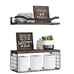 Floating Shelves with 2 Bathroom Wall Décor Sign, Bathroom Decor Sets Bathroom Wall Shelves Over Toilet with Paper Storage Basket, Wood Shelves for Wall Decor with Guardrail-Paulownia