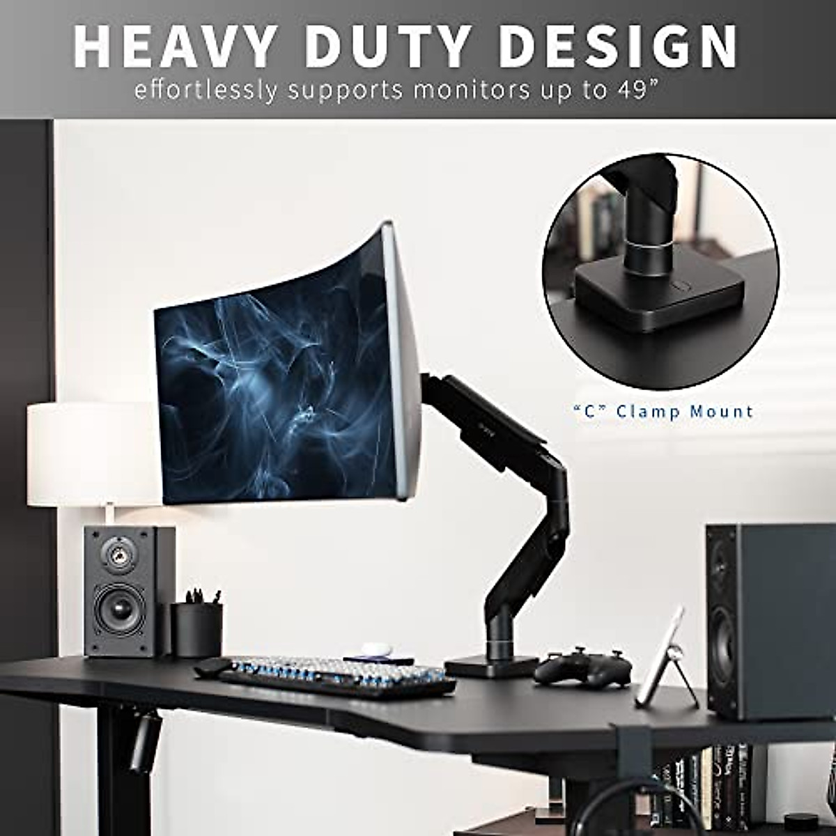 VIVO Premium Aluminum Single Gaming Monitor Arm for Ultrawide Screens up to 49 inches and 44 lbs, Heavy Duty Desk Mount Stand, Pneumatic Height, Max VESA 100x100, Black, STAND-V100D
