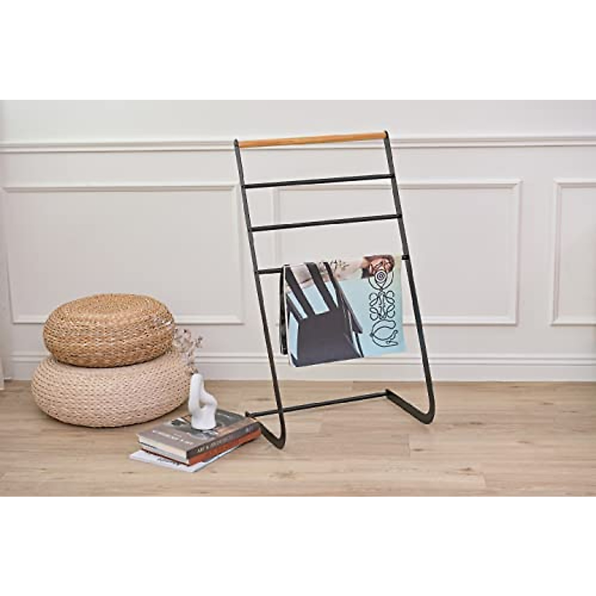 ikloo 32 Inch 4-Tier Freestanding Black Metal with Pine Wood Towel Rack for Bathroom with Hanging Bars, Laundry Room Drying Rack Organizer, Bathroom Storage Stand.