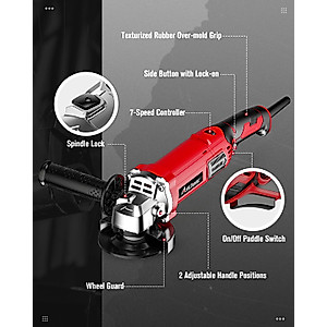 AVID POWER Angle Grinder 4-1/2 Inch 8.0 Amp 1000W Electric Grinder Tool 7-Variable-Speed Metal Grinder, 11,500 RPM, Paddle Switch with Lock-on Button, Cutting & Grinding Wheels and Side Handle