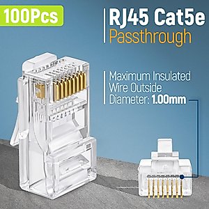 GTZ Cat5e RJ45 Pass Through Connector 100-Pack - EZ Cat 5e Pass Through RJ45 Connectors - Cat 5e Connectors - Ethernet Connector, Ethernet Plug - for Solid or Stranded UTP Network Cable