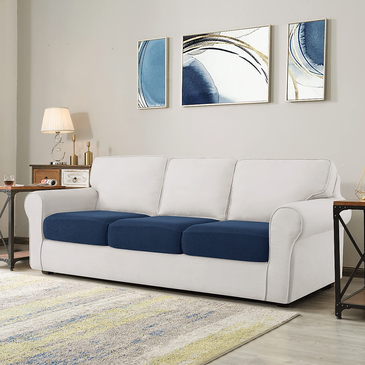 CHUN YI 3PC Stretch Couch Cushion Covers, Sofa Seat Slipcovers Suitable for Armchair Loveseat Sofa with Spandex Jacquard Fabric(3pc,Dark Blue)