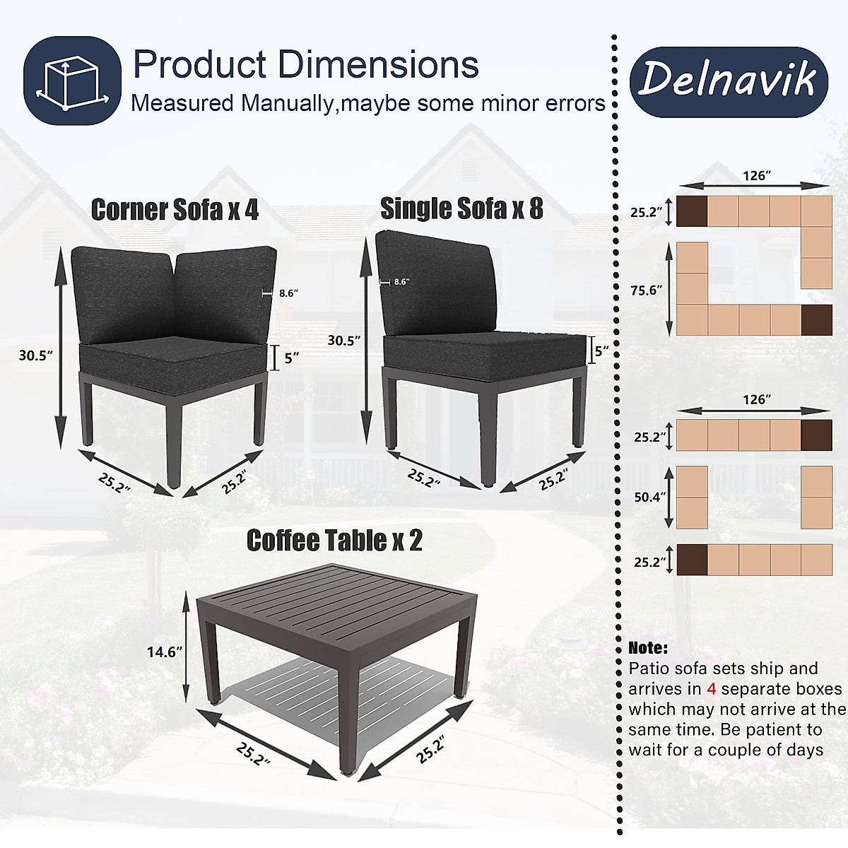 Rwnnad Patio Furniture Set,14 Pieces Modern Outdoor Conversation Set, Outdoor Metal Sectional Sofa with Thick Cushion and Coffee Table, Dark Grey