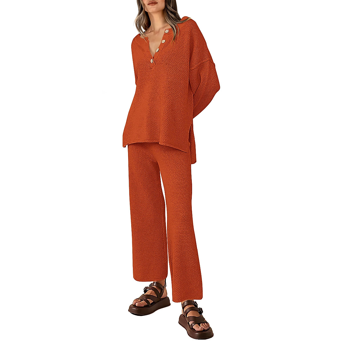 PRETTYGARDEN Women's 2 Piece Tracksuit Outfits 2024 Fall Knit Sweater And Wide Leg Pants Sweatsuit Lounge Sets (Caramel,X-Large)