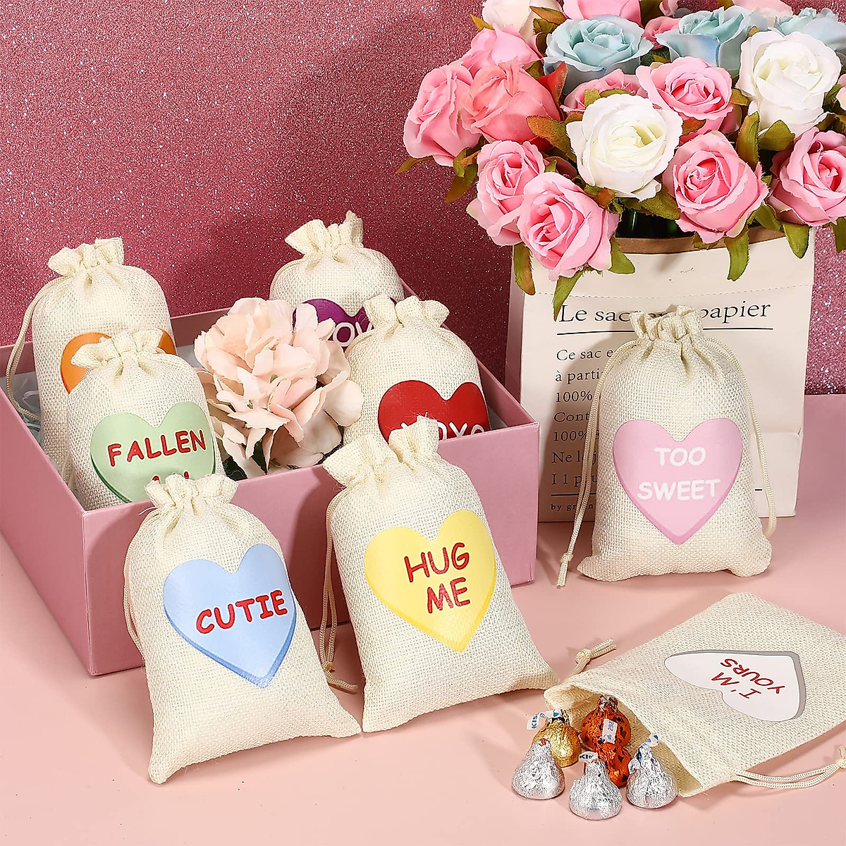 LEIFIDE 24 Pcs Valentine's Day Heart Burlap Bags with Drawstring Small Gift Bags Burlap Treat Bags Valentines Party Favor Pouches Candy Bags for Valentines Wedding Shower Party DIY Craft, 4 x 6 Inch