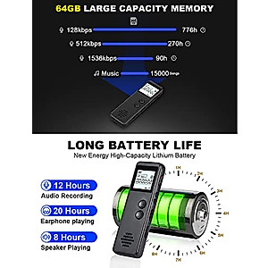 64GB Digital Voice Recorder with Playback, Langkou 1536Kbps Voice Activated Recorder for Lectures, Tape Recorder 776 Hour Audio Recording Device, A-B Repeat, MP3 Player Study, Business, Entertainment
