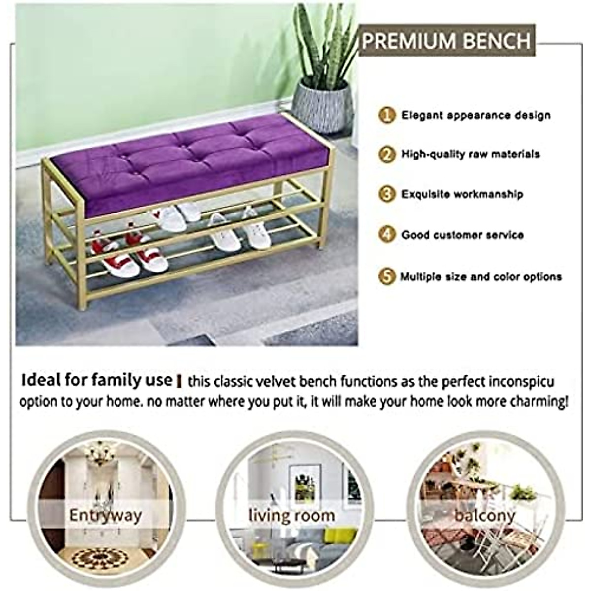 SoOSSN Entryway Bench with Golden Shoe Shelf,Modern Shoe Bench Shoe Organizer Bench Seat,Shoe Rack Bench Shoe (Color : Purple, Size : 47x14x18inch)