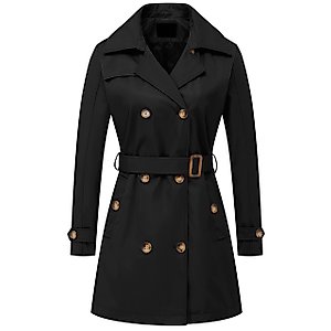Chrisuno Women's Double-Breasted Trench Coat Classic Lapel Overcoat Slim Outerwear Coat with Belt Black L