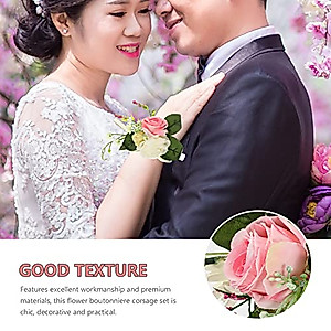 VOSAREA Rose Boutonniere 1 Set Wrist Corsage Boutonniere Set Groom Boutonniere and Bride Wrist Corsage Handmade Artificial Corsage Set Bride Hand Flower Bouquet Pink Prom Corsage Wristlet