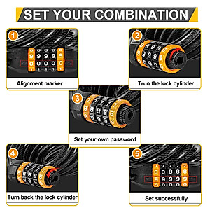 Cable Bike Locks Resettable Bicycle Lock Cable Combination 5-Digit Combination Cable Lock Scooter Locks Anti-Theft, Includes Mounting Bracket and Bike Bells
