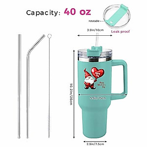 LB LEOBON 40 ounce insulated cup with handle, double-layer vacuum stainless steel material, equipped with straw, can keep warm or maintain cold drinks Valentine's Day Gnome B Lake Green