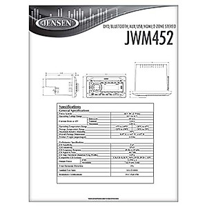 Jensen JWM452 2-Speaker Zones AM/FM|DVD|BT|AUX|USB Bluetooth Wall Mount Stereo, Front USB w/ MP3/WMA Playback, DVD/CD-R/RW Slot and MP3 Compatible, Front AUX A/V Input (3.5mm), Remote Control Included
