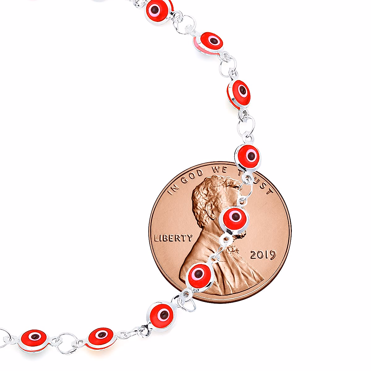 D Jewelry Red Guardian Eye Small Beads on 925 Sterling Silver Bracelet 7.5"