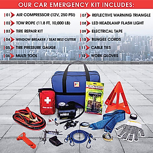 FIRST SECURE 90 Piece Car Emergency Roadside Kit Tool Set w/Safety Kit for Women & Men - Essential Safety & Survival Assistance Kit for Travel, Camping, Road Trip, Truck, SUV