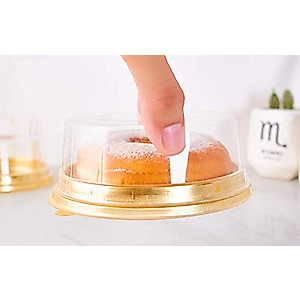 Cake Box - 50 sets Diameter 3 3/4 inch X H 1 1/4 inch Clear Plastic Mini Cake Box - Feast Cupcake Box - Muffin Box Biscuit Box Flat Top Box Bakery Cake Shop Sale Use (gold)