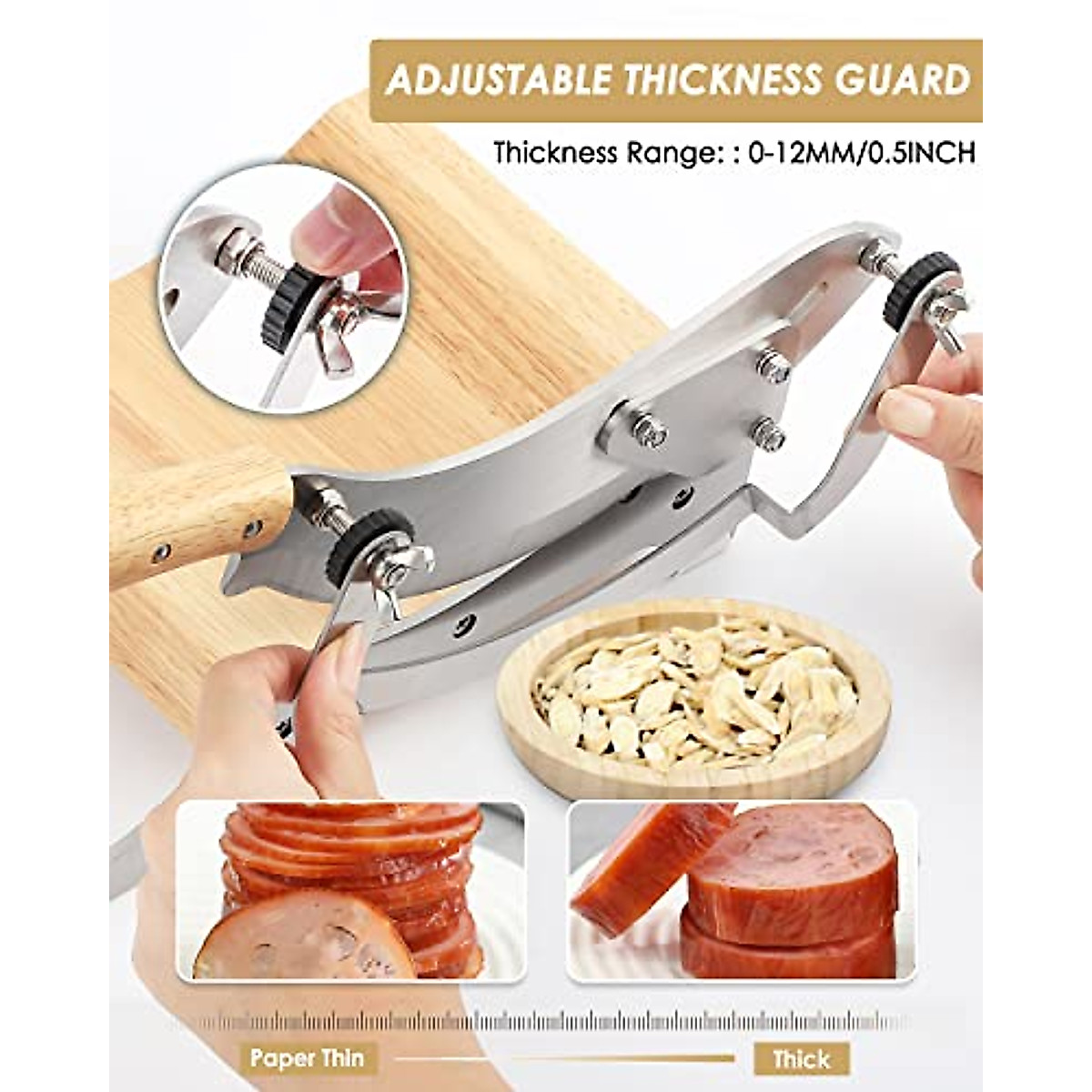 Moongiantgo Biltong Slicer Chinese Medicine Radiused Beef Jerky Cutter, 0-0.5” Adjustable Thickness, Wooden Base Herb Root Cutting Machine for Ginseng Antler Gastrodiae Maca Ganoderma