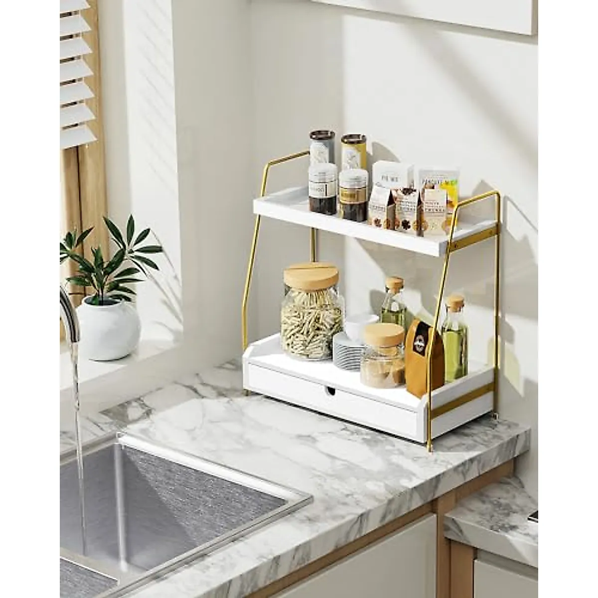 MONVANE 2-Tier Bathroom Organizer Countertop - Solid Wood Bathroom Counter Organizer with Drawer, Simple Standing Vanity Tray for Bathroom Organization and Bathroom Storage (White and Gold)