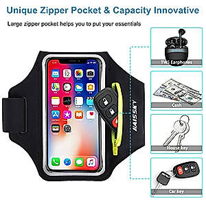 Cell Phone Running Armband with Airpods Zipper Pocket Armband Case Running Holder For iPhone 14/14 Pro Max/13/13 Pro/12 Pro Max/12 Pro /11 Pro Max,Galaxy S20 S10,Sweatproof Arm Band with Card/Key Bag