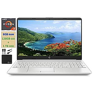 2021 HP Flagship 15.6” HD Laptop Computer, AMD Ryzen 3 3250U up to 3.5GHz (Beat Intel i5-7200U), 8GB RAM, 128GB SSD+1TB HDD, HD Webcam, Remote Work,WiFi, Bluetooth 4.2, HDMI, Win10 S, w/Marxsol Cables