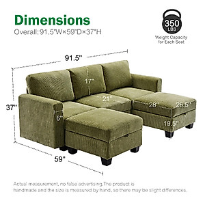 ABCASA Luxury Modular Sectional Sofa w/Storage Seat, 92" U Shaped Modular Couch with Reversible Chaise,5 Seater Sofa for Living Room, Apartment, Compact Spaces - Corduroy Green