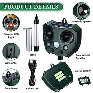 Ultrasonic Animal Repellers, Solar Ultrasonic Animal Repellent with Motion Detector, Weatherproof Outdoor Solar Animal Repeller for Garden Lawn Yard Farm Dog, Cat, Deer, Rat, Squirrel, Mole (2)