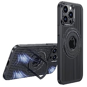 Yesunktt for iPhone 14 Pro Max for MagSafe Magnetic Car Ring Trolley Invisible Holder Phone Case, Logo Window Strip Mesh Air Cooling Phone Case,Black
