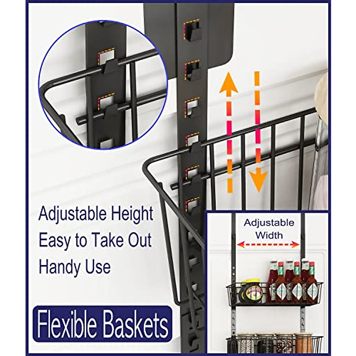 Olirum Over the Door Pantry Organizer, 6 Adjustable Baskets, Large Pantry Organization and Storage, Hanging or Wall Mounted Spice Rack for Kitchen Organization + Pantry Storage with Hooks & Dividers