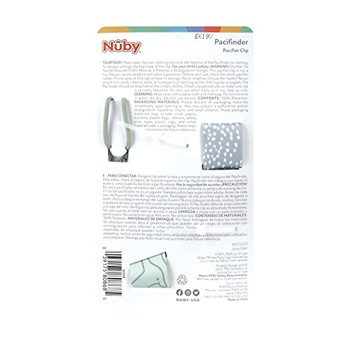 Nuby Pacifinder Pacifier Clip, 2 Pack Pacifier Holder for Boy, Blue Dots and Green Dino