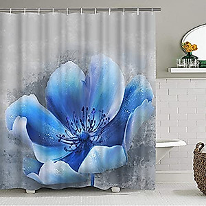 DuoBaorom 4 Pieces Set Blue Flower Shower Curtain Set Elegant Floral Picture Print on Non-Slip Rugs Toilet Lid Cover Bath Mat and Bathroom Curtain with 12 Hooks 72x72inch