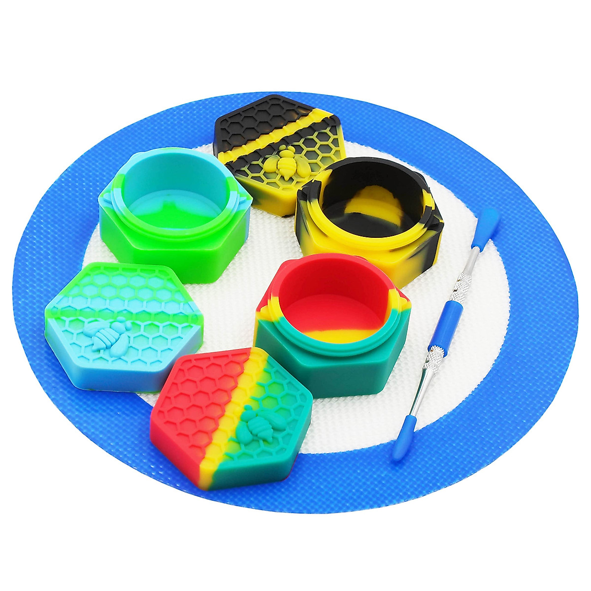KUVIS 26ml Hexagon Wax Silicone Container Non-stick Concentrate Jars with 7.87" Round Mat and Carving Tool