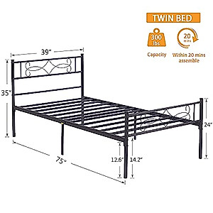 VECELO Twin Size Bed Frame Metal Platform/Mattress Foundation with headboard Footboard/Steel Slat Support/No Box Spring Needed/Easy Assembly