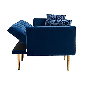 HBHM Velvet Sofa Accent Sofa, Mid Century Modern Loveseat Velvet Fabric Couch, Convertible Futon Sofa Bed, Recliner Couch Accent Sofa Loveseat Sofa with Gold Metal Feet,Blue