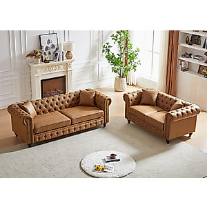 Mid Century Modern Couch,85.5" High-tech Fabric Button Tufted Oversized Loveseat Sofa w/ Nailhead Trim&Roll Armrest,Upholstered Comfy Deep Seat Chesterfield Sofa for Living Room,Office(3 Seater,Brown)